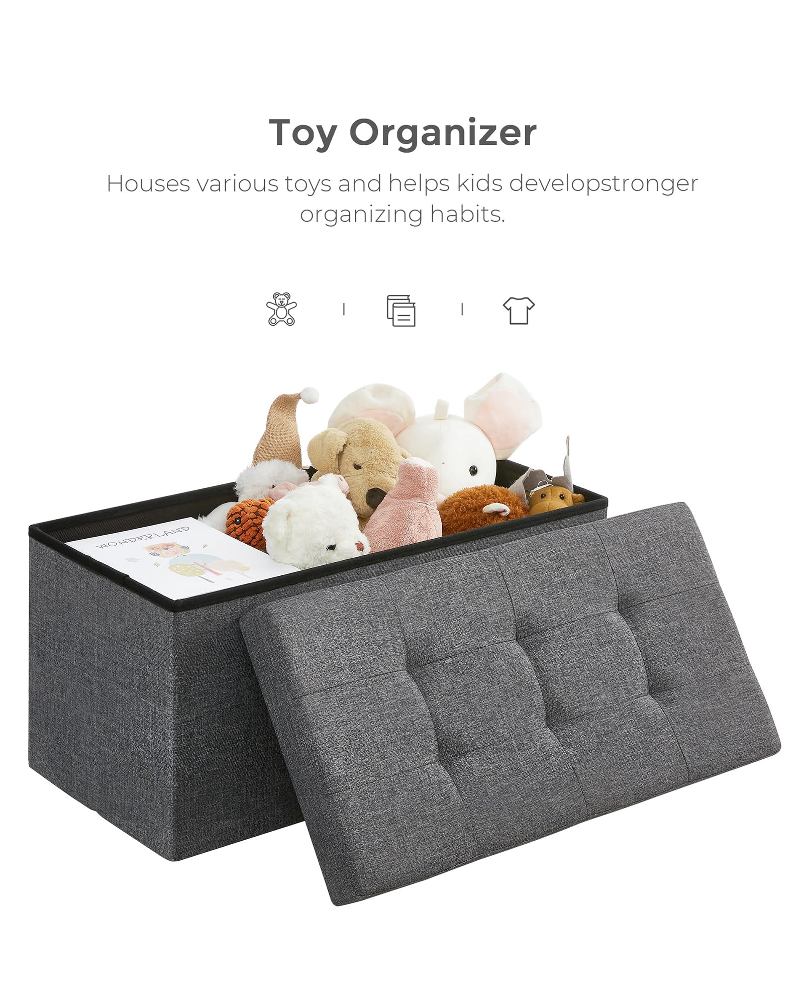 SONGMICS 30 Inches Folding Storage Ottoman Bench, Storage Chest, Foot Rest Stool, Dark Gray ULSF47K