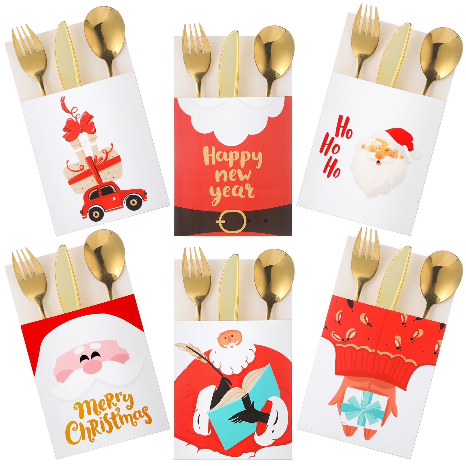 Zhanmai 48 Pcs Christmas Santa Claus Silverware Holders Xmas Utensil Holder Pockets Christmas Cutlery Holder Claus Tableware Holder Bags Knifes Forks Bag for Holiday Christmas Table Setting Decoration