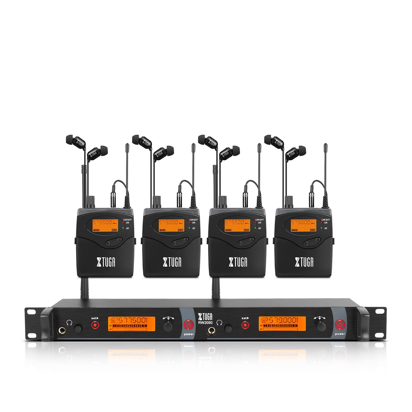 XTUGA RW2080 Wireless in Ear Monitor System 2 Channel 4 Bodypacks IEM System Mono in Ear Monitor Wireless 300Ft, in Ear Monitor for Musicians 40 UHF Frequencies 902-928mhz, for Band, Stage or Studio