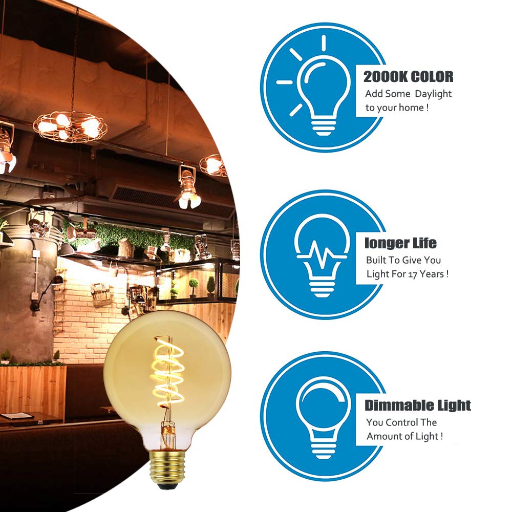 Tuneucle 1-Pack Edison Bulbs Led Dimmable 4W 110V Antique Style Edison Light Bulbs,2000K Warm White (Amber Gold Glass), LED Vintage Light Bulb Fixtures,G95, E26 E27 Base (G95Helical - 1 Pack - Golden)