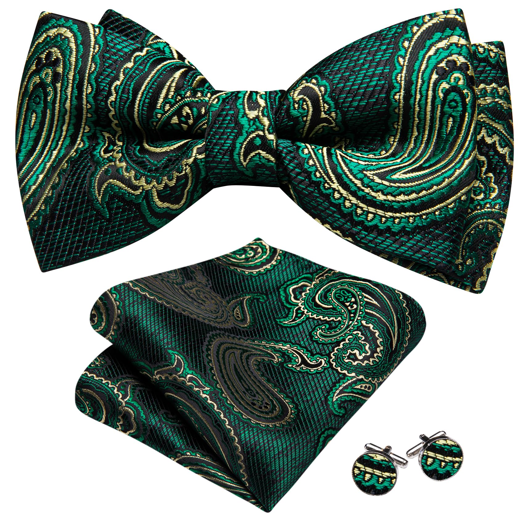 YOHOWA Men Bow Tie Set Paisley Green Gold Silk Pre-Tied Bowtie Shamrock Day Pocket Square Cufflinks Formal Wedding Party Prom