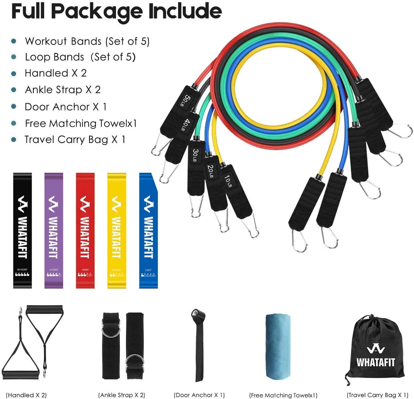 Whatafit Resistance Bands Set, Exercise Bands with Door Anchor, Handles, Carry Bag, Legs Ankle Straps for Resistance Training, Physical Therapy, Home Workouts for Men and Women
