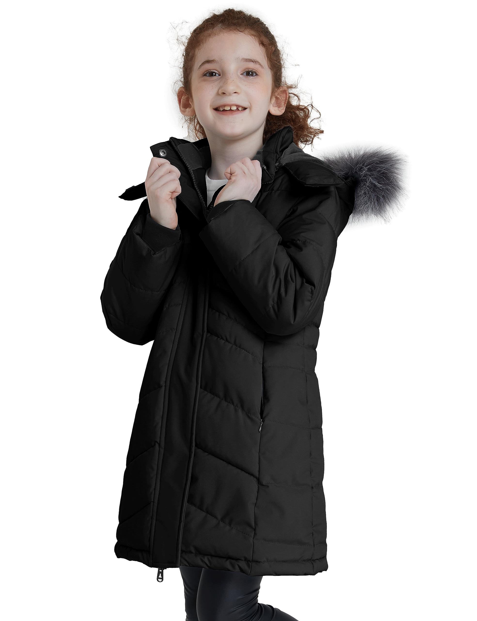 ZSHOW Girls' Long Puffer Jacket Windproof Thick Padded Snow Winter Coat(Black,14-16)