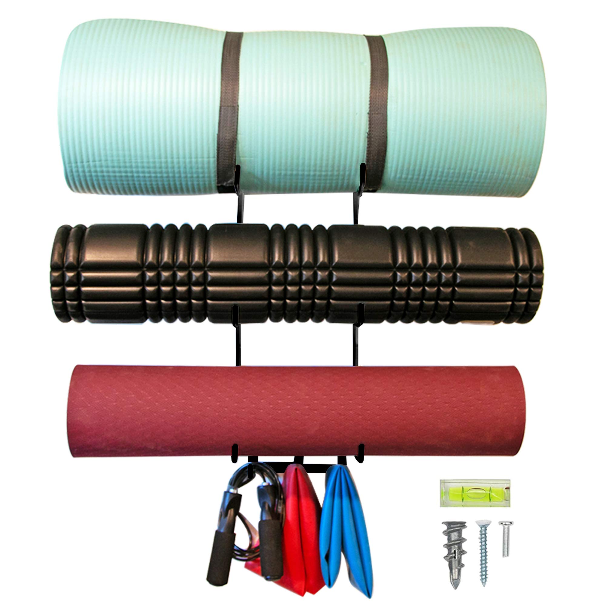 Wall Mount Yoga Mat Storage with 3 Hooks | Exercise Equipment Rack for Yoga Band Foam Roller Workout Accessories - Home Gym Organizer Metal Hanging Decor | Tranquil Fox