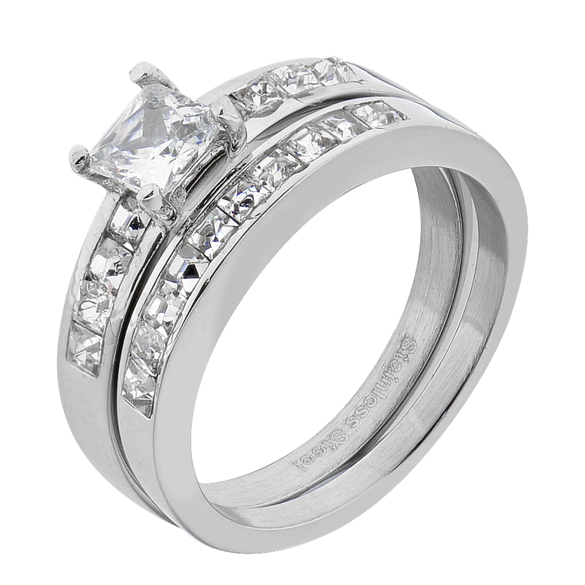 Stainless Steel Princess Cut Wedding Ring Sets for Women White Cubic Zirconia Engagement bridal Set size 5 to 10