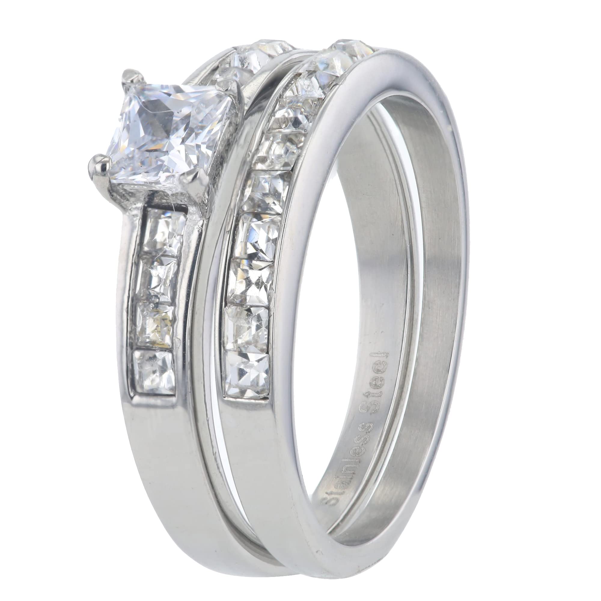 Stainless Steel Princess Cut Wedding Ring Sets for Women White Cubic Zirconia Engagement bridal Set size 5 to 10