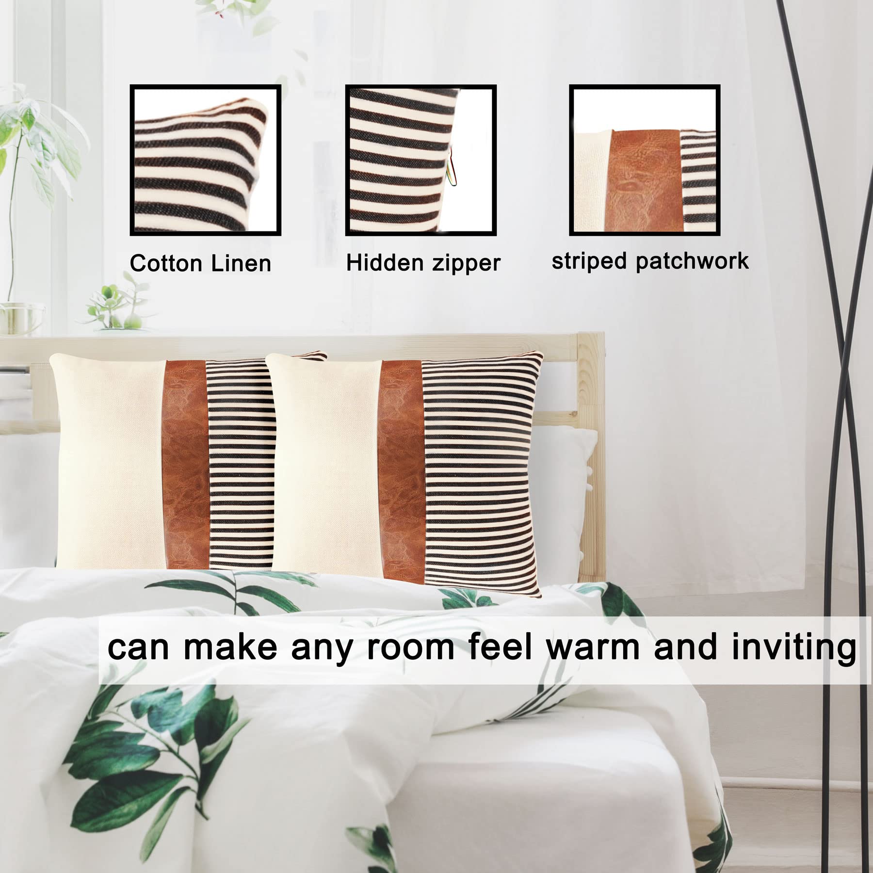 TIMDAM Farmhouse Decorative Throw Pillow Covers 18x18, Set of 2 Couch Pillow Cover for Living Room, Stripe Patchwork Linen Pillow Covers, Modern Accent Decor Square Faux Leather Throw Pillow Cases