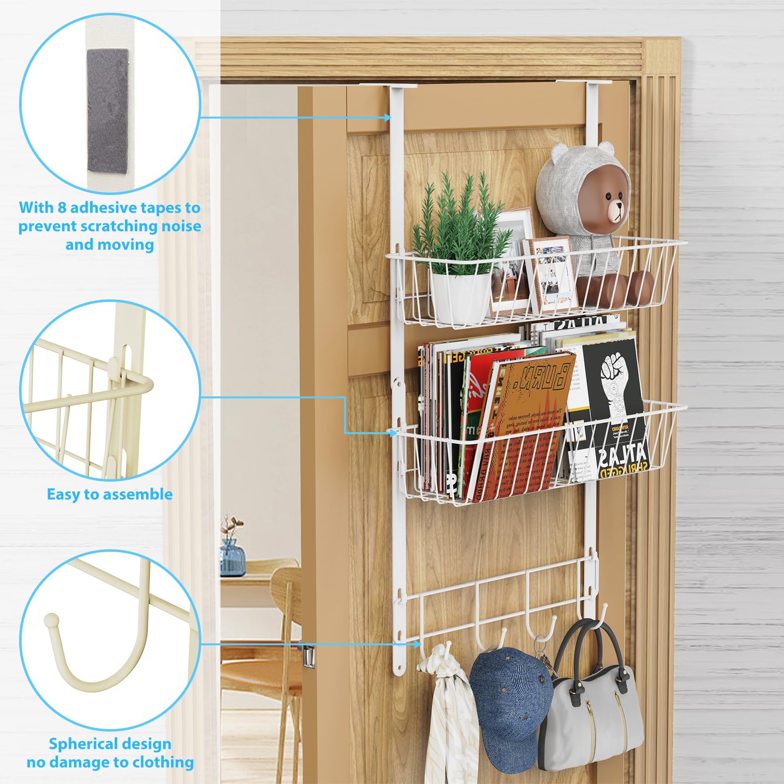 Temste Over the Door Hooks Organizer,Multifunctional Door Hanger Towel Rack with 2 Mesh Baskets,Back of Door Storage Shelves for Bathroom,Bedroom,Kitchen & Pantry (White,with hooks)