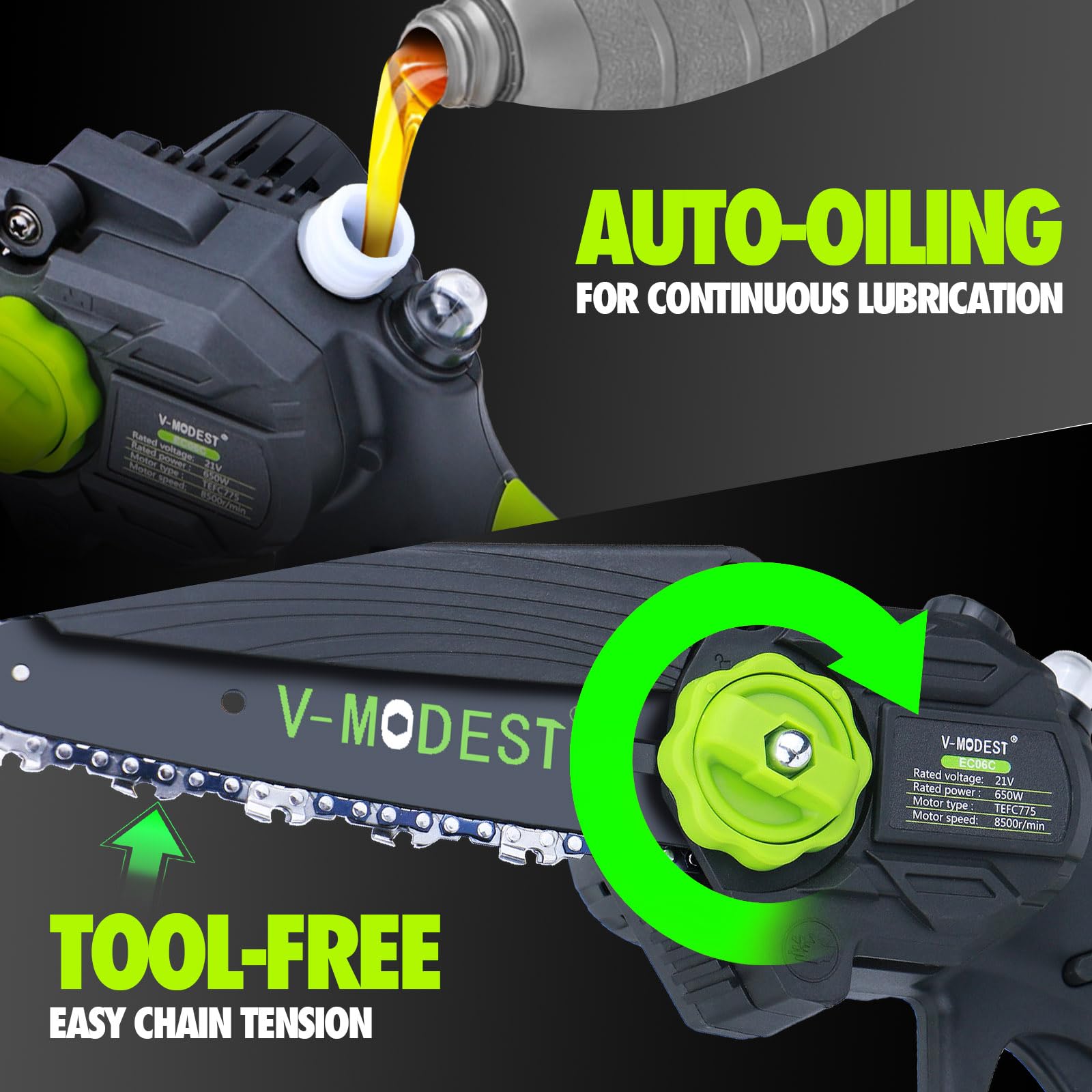 V-MODEST Mini Chainsaw Cordless 6 in. with Automatic Oiler Security Lock Low-kickback, Battery Powered Small Handheld Electric Chain Saw Left or Right Handed Use, for Branches Pruning Wood Cutting 21V