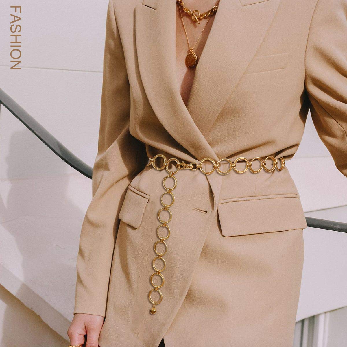 WHIPPY O-Ring Metal Waist Chain Belt Women Adjustable Body Link Belts Fashion Belly Jewelry for Jeans Dresses Gold M