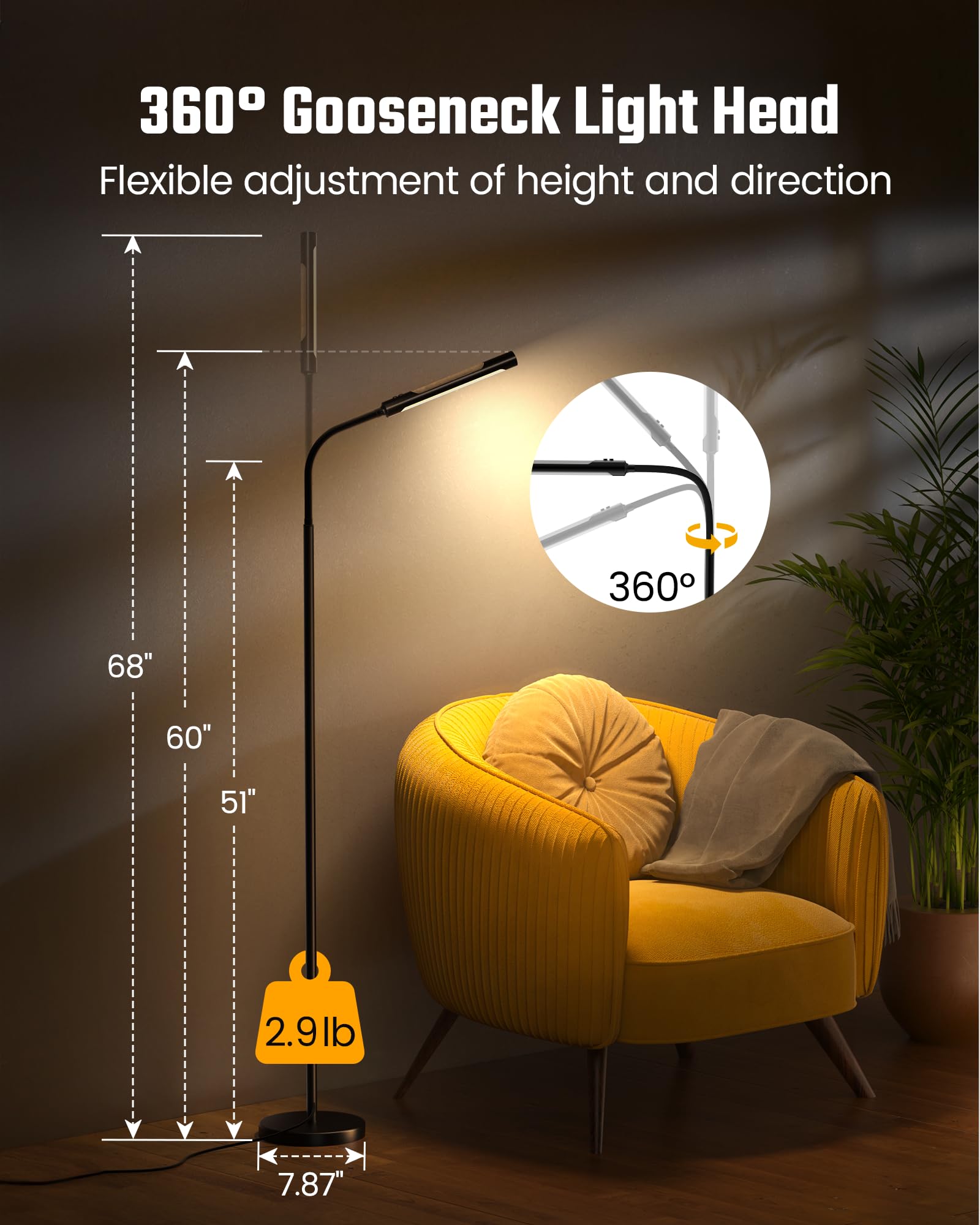 SUPERDANNY Solar Spot Lights & Double Side Floor Lamp, RGB Atmosphere & Dimmable Bright Light with 3000K-4000K-6500K Color Temps, Adjustable Gooseneck, Standing Modern Lamp for Reading, Living Room