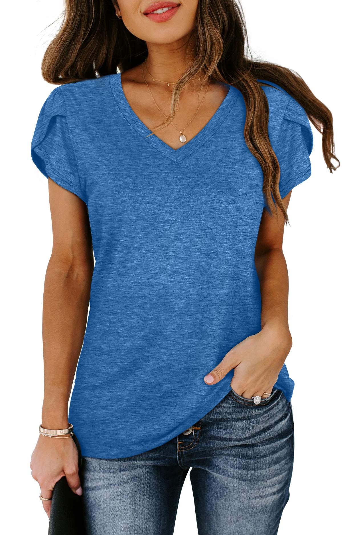 WIHOLL Womens Short Sleeve Tops Dressy Work Fit T Shirts Blue S