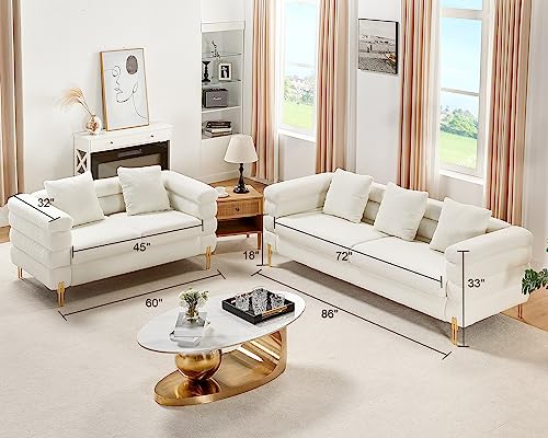 VanAcc Modern Sofa Couch, 2 Piece Set 24''Extra Deep Seat Sectional Sofa for Living Room, 85 inch Oversized Sofa, 3 Seat Sofa, Loveseat, White