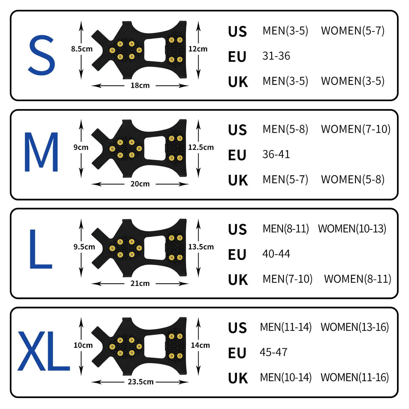 XYZLH Ice Cleats, Ice Grips Traction Cleats Grippers Non-Slip Over Shoe/Boot Rubber Spikes Crampons with 10 Steel Studs Crampons + 10 Extra Replacement Studs (Black, Small)