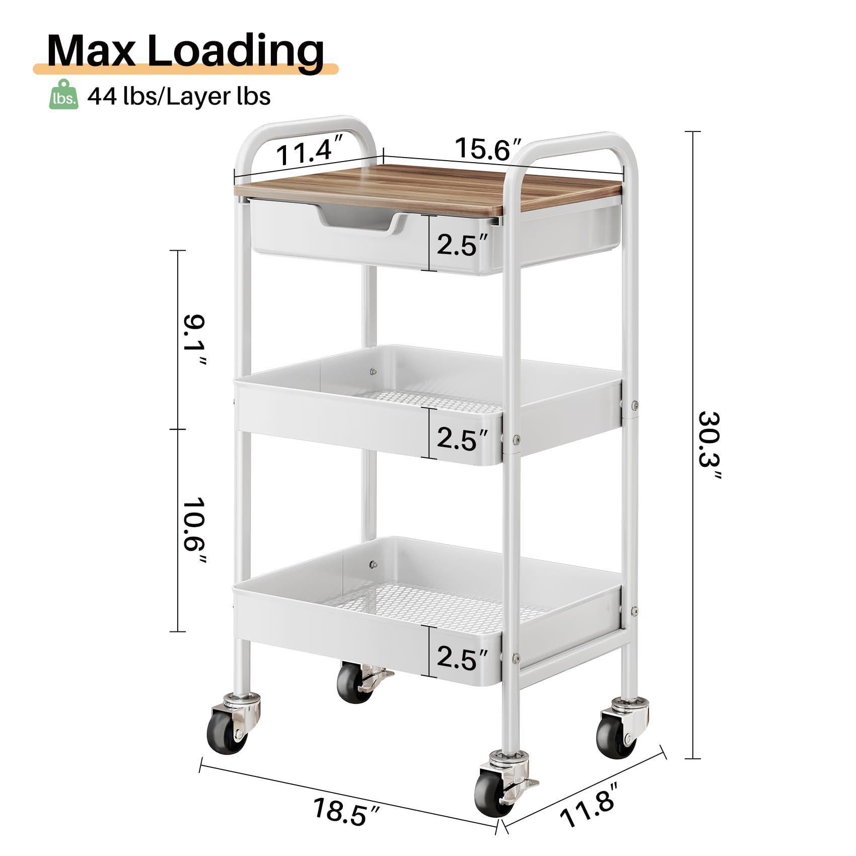 SNTD 3 Tier Rolling Utility Cart - Metal Rolling Cart on Wheels with Drawer, Wooden Table Storage Cart (Black)
