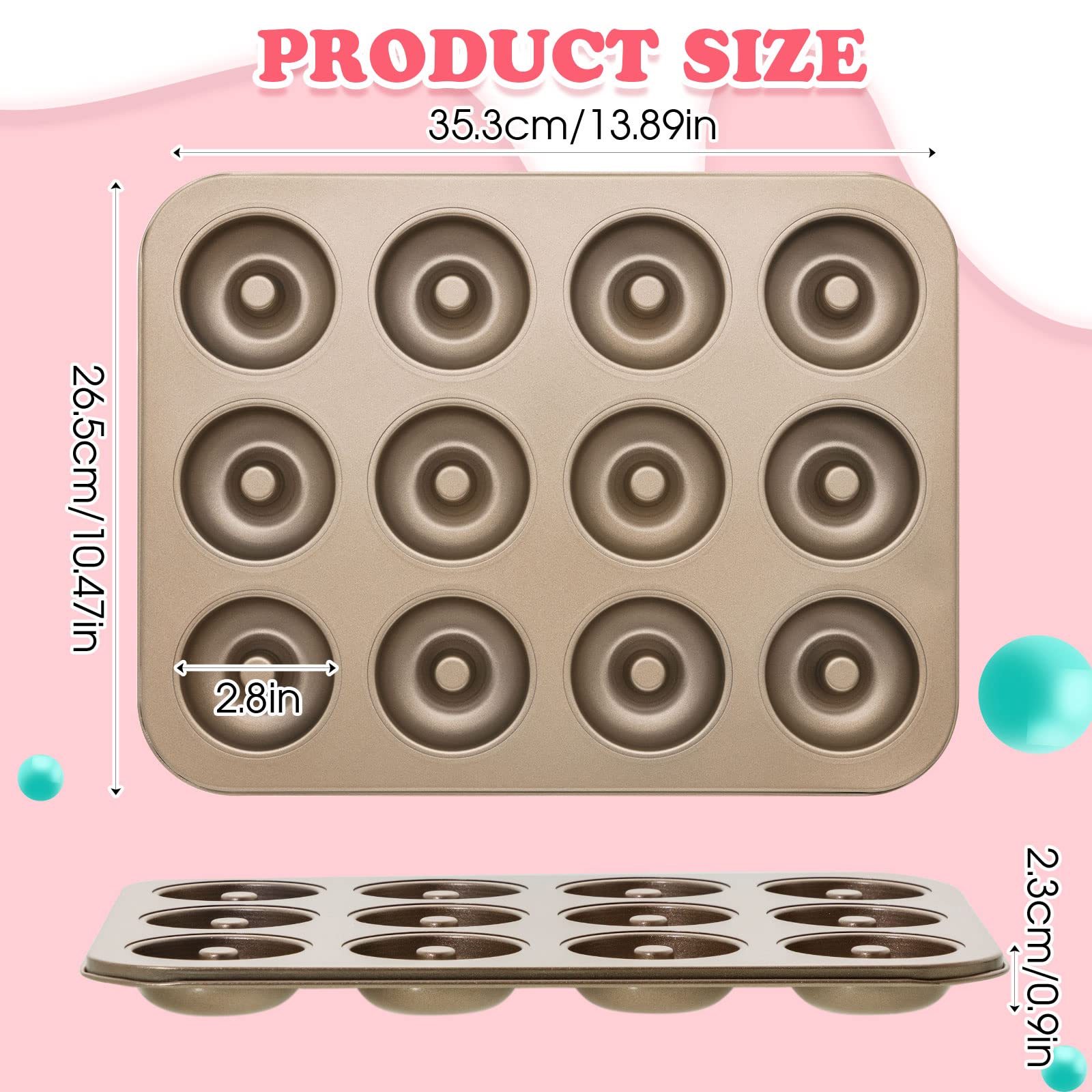 Zubebe Carbon Steel Donut Molds, 12 Cavity, Nonstick, 13.9 x 10.4 x 0.9 Inch, Champagne Gold