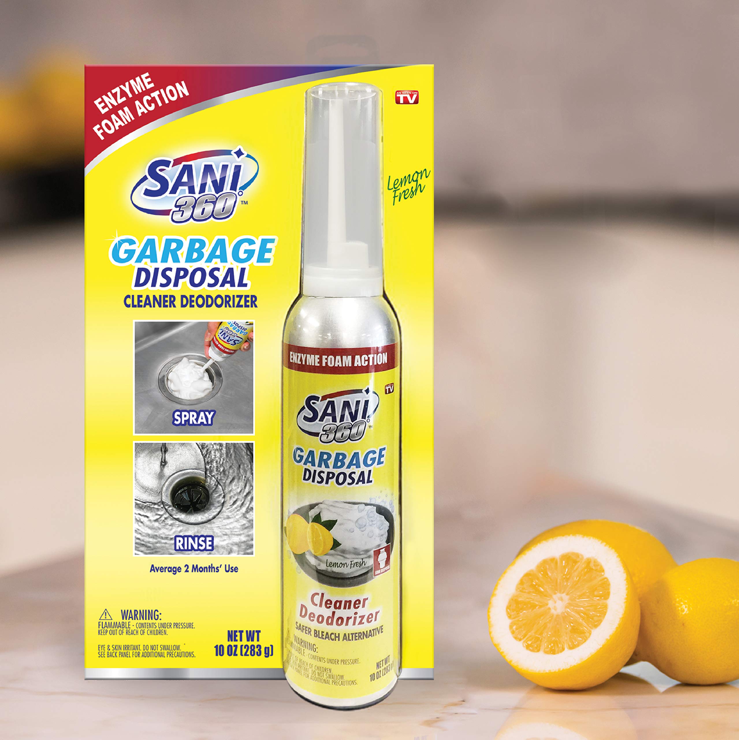 Sani 360 Garbage Disposal Cleaner β Lemon Scent, 10oz Bottle of Foam - 8 to 10 Uses