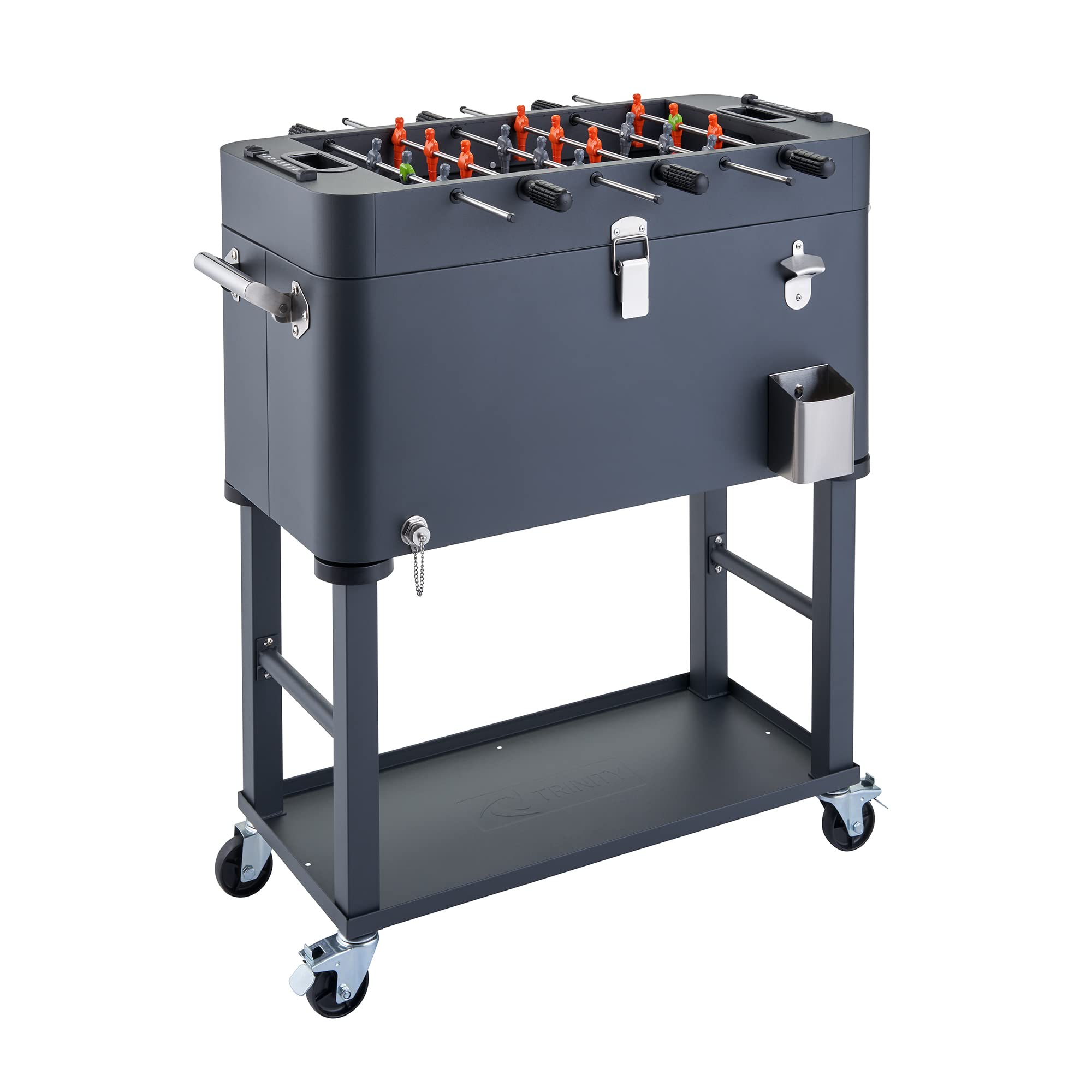 TRINITY 80 Quart Beverage Cooler and Ice Chest with Foosball Table Top and Bottle Opener, Rolling Cart and Storage Shelf, Detachable Tub, 96 Can Capacity, includes Protective Cover, Charcoal Gray