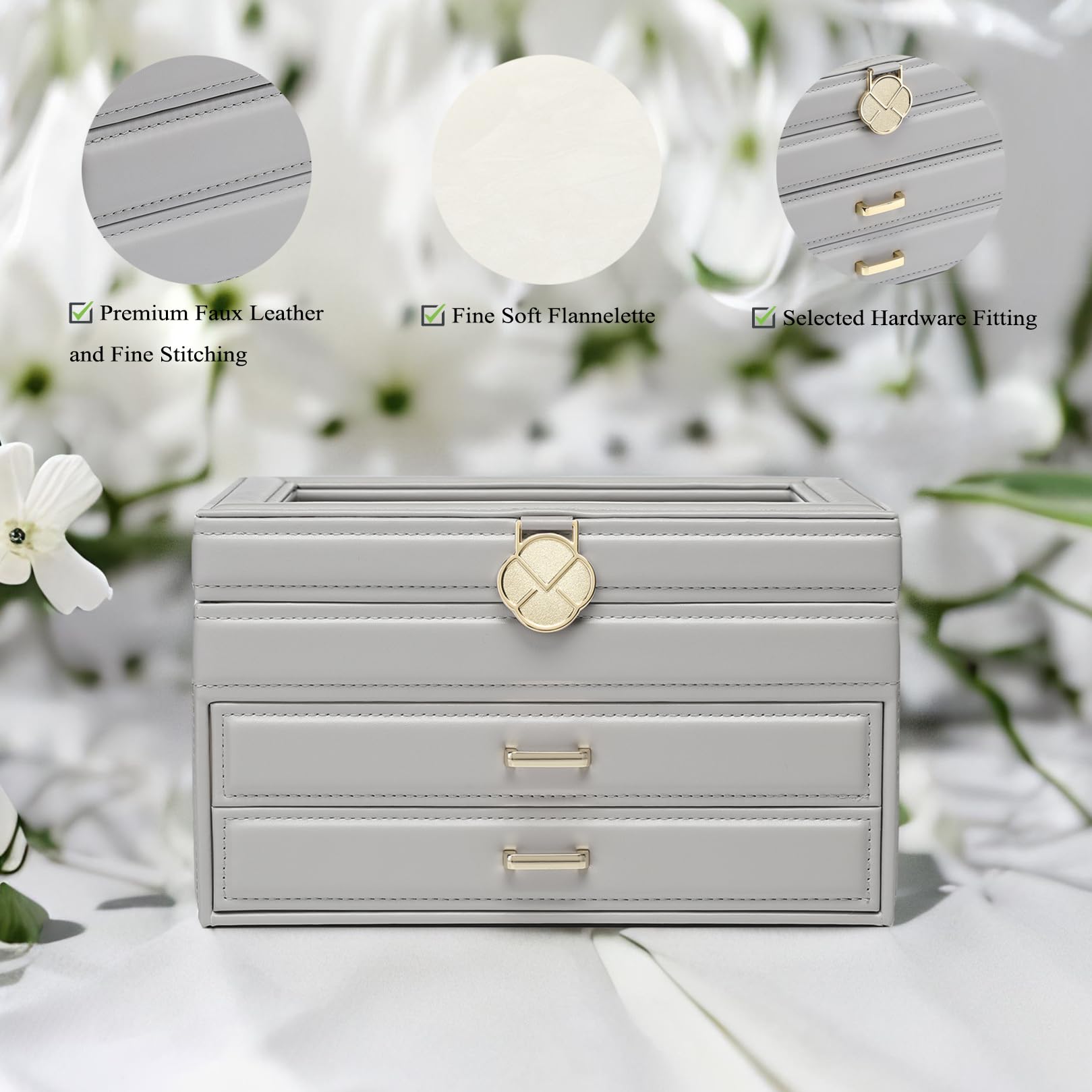 Vlando Jewelry Box Organizer, Leather Jewelry Display Case, 2 Jewelry Tray Drawer Storage for Necklaces, Earrings and Rings, Grey