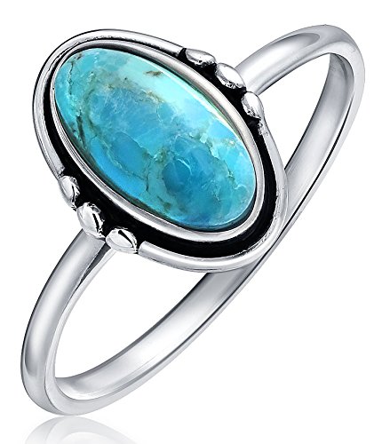 Western Boho Delicate Bezel Set Oval Cabochon Gemstone Blue Turquoise Ring For Women Teen 1MM Thin Band Oxidized .925 Sterling Silver