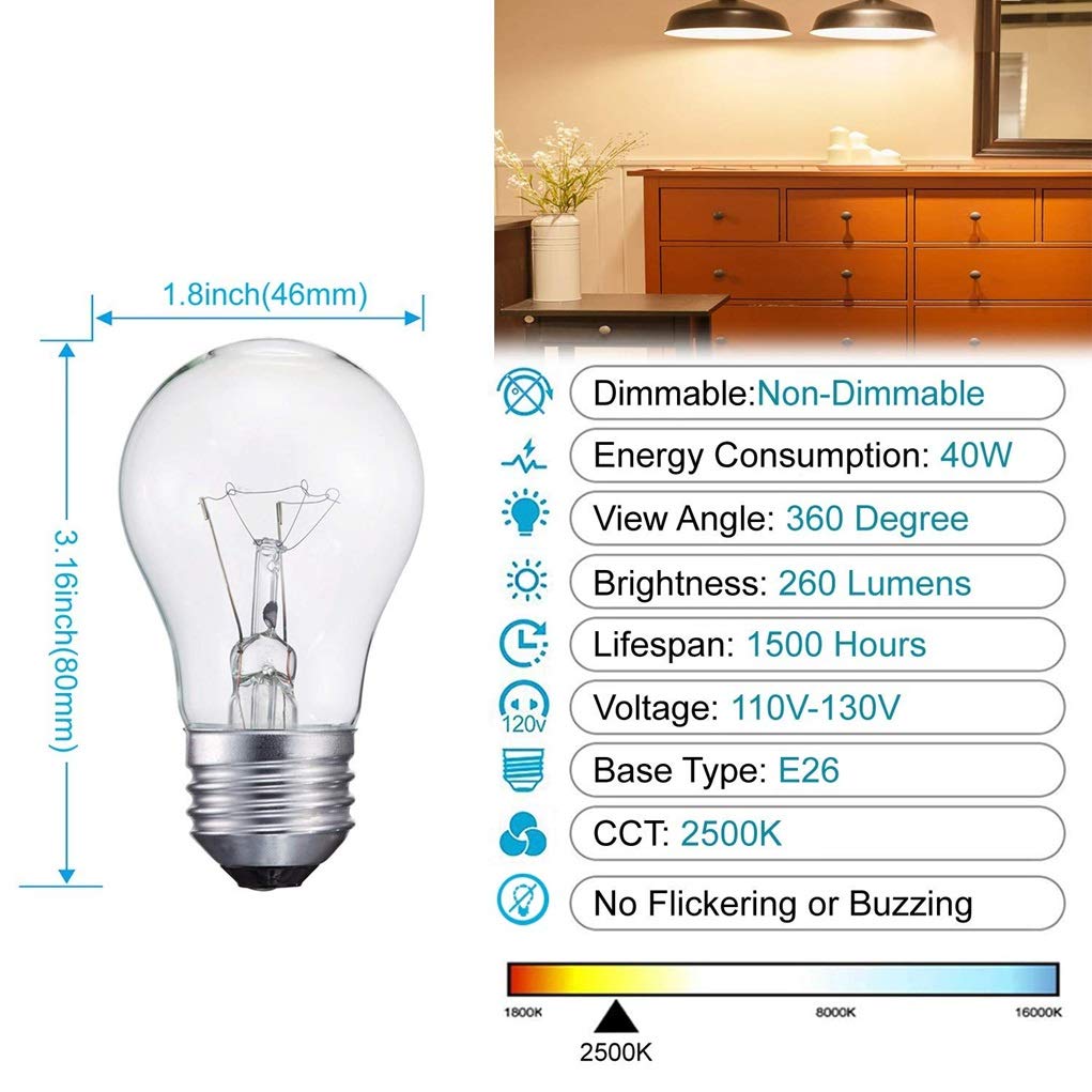 Voniry Appliance Light Bulb A15 Light Bulbs 40Watt Clear Bulbs Incandescent Light Bulb E26 2500K Globe Small Bulbs Ceiling Fan Lamp Oven Light Bulb 24 Pack