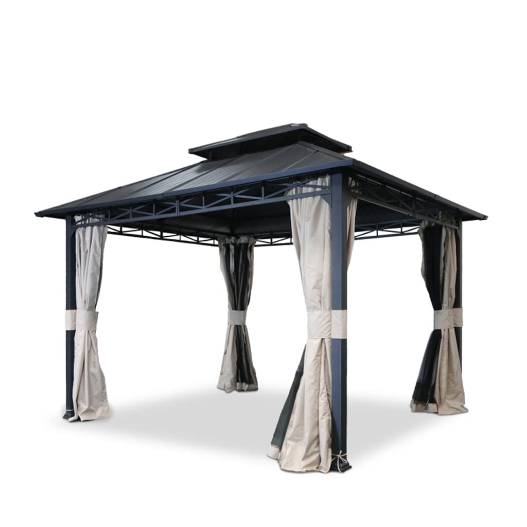 ZHYH 12 Ft. X 10 Ft. Black 2-Tier Double Roof Metal Hard Top Gazebo with Curtains and Netting