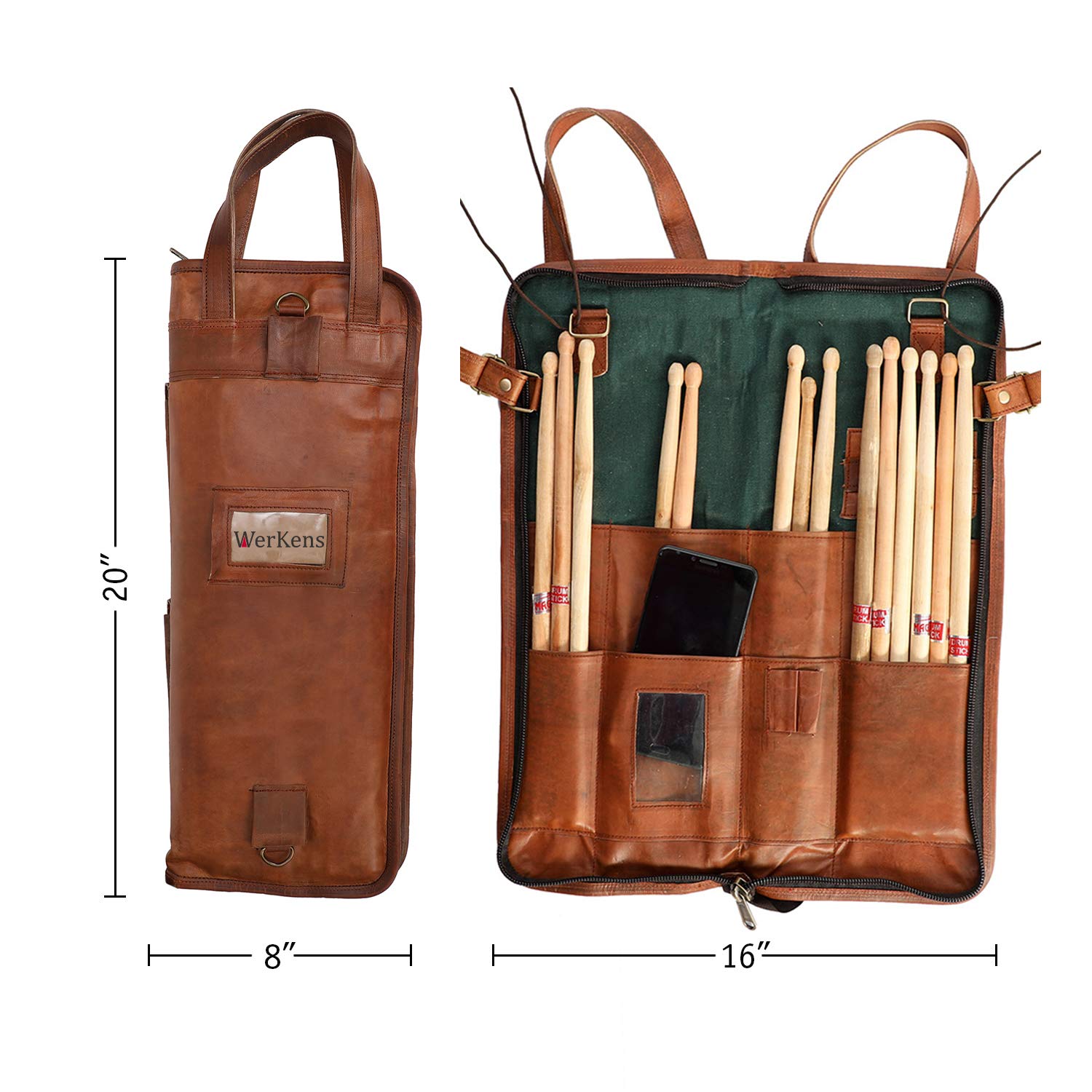 WerKens Leather Drumstick Bag Floor Tom Hooks Holds 10-12 Pairs Drum Sticks Mallets Brushes Percussion Drum Stick Bag Detachable Shoulder Strap Easy Carry Handles (Brown) β DSB003