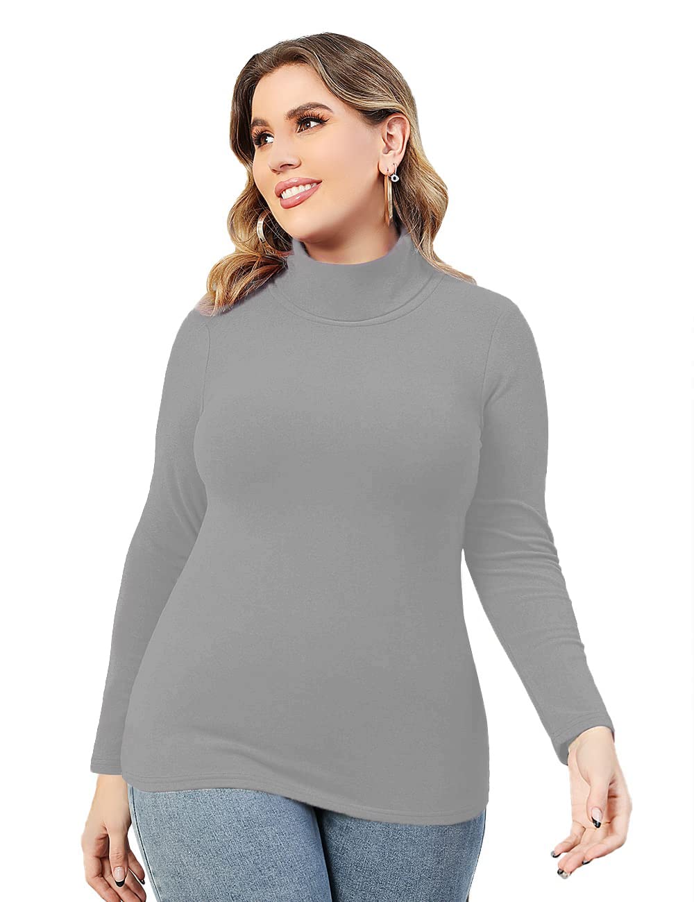 XIAGRKUI Women Plus Size Mock Turtleneck Tops Long Sleeve Stretch Slim Fitted Base Layer Shirt Grey 3XL