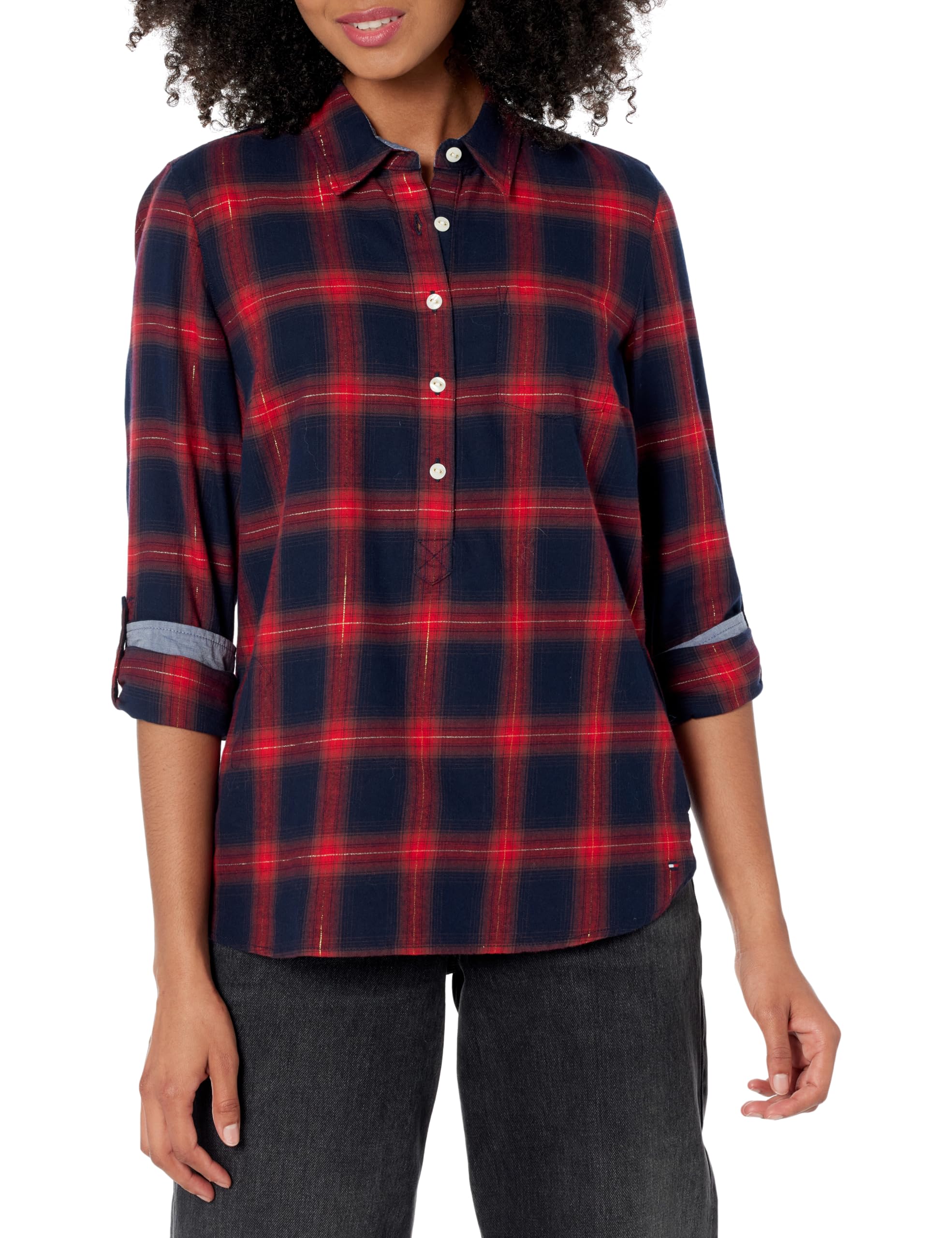 Tommy Hilfiger Women's Long Sleeve Half Zip Roll Tab Popover Shirt, True Blue Multi
