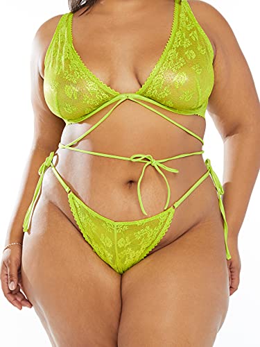 Savage X Fenty, Women's, Caged Lace Thong with Tie, Fuji Apple Green, 3X