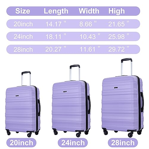 Tripcomp 3 Piece Luggage Sets, PC Lightweight Expandable Suitcase with Two Hooks, Spinner Wheels, TSA Lock, Purple (20/24/28)