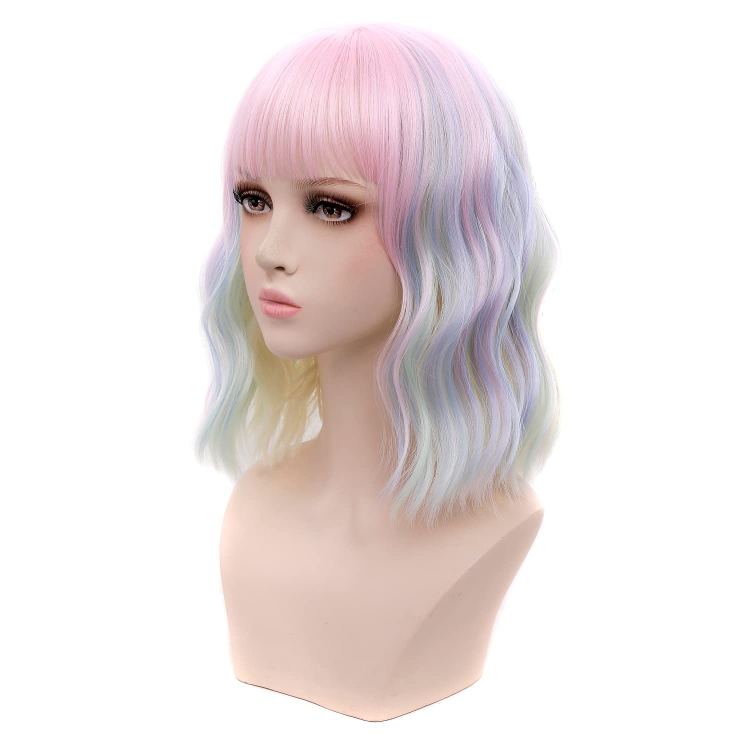 Schila Wig Rainbow Colorful Short Bob Wavy Wig With Bangs For Women Unicorn Costume Cosplay Wig For Halloween Pastel Pink Mixed Wigs Heat Resistant Rainbow Bright Colored Party Wig Cap Included(12inch)