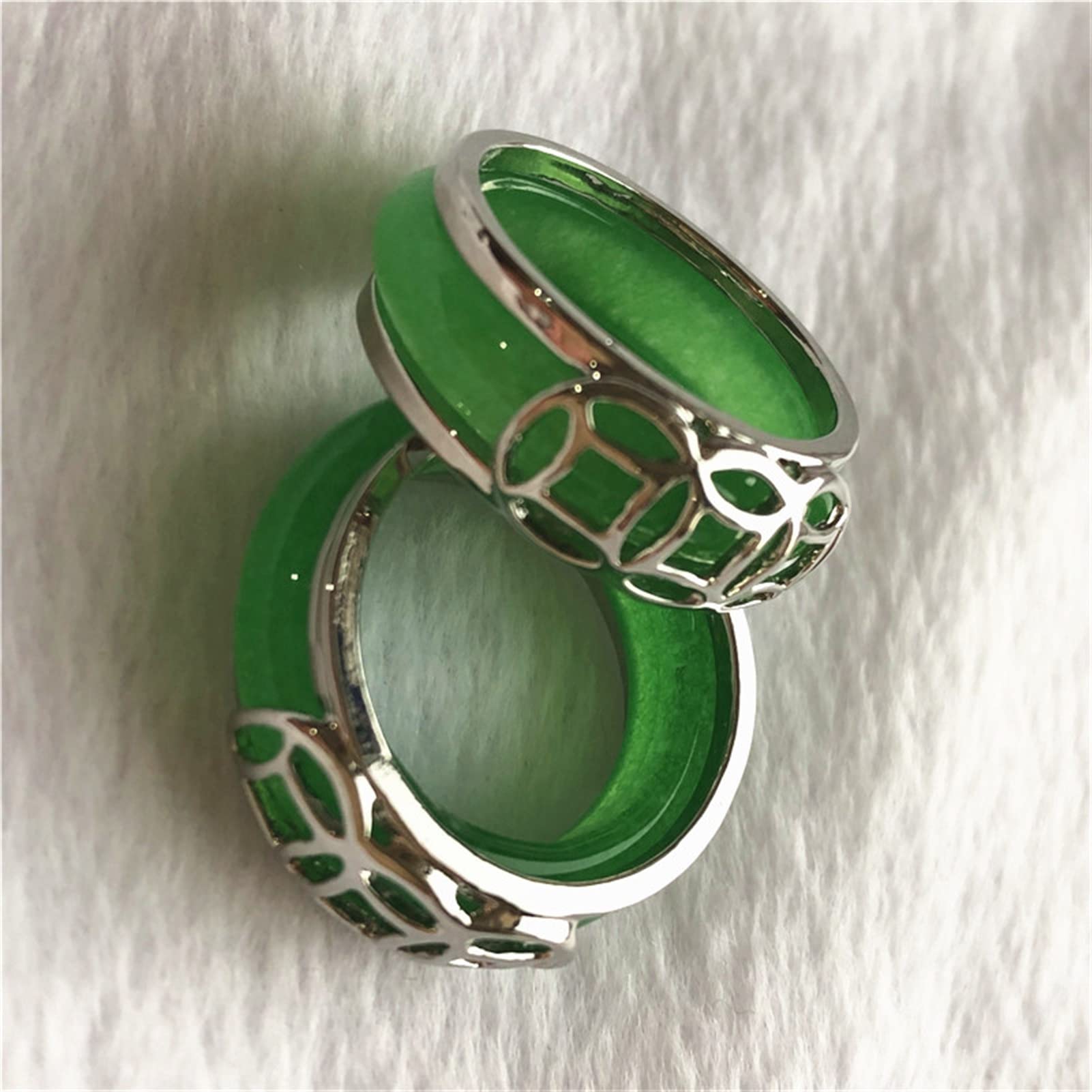 XIAOKUGUA 2PCS Elegent Hand Carving Green Purple Jades Ring Size :7-9 (Main Stone Color : Gold and Silver, Ring Size : 8)
