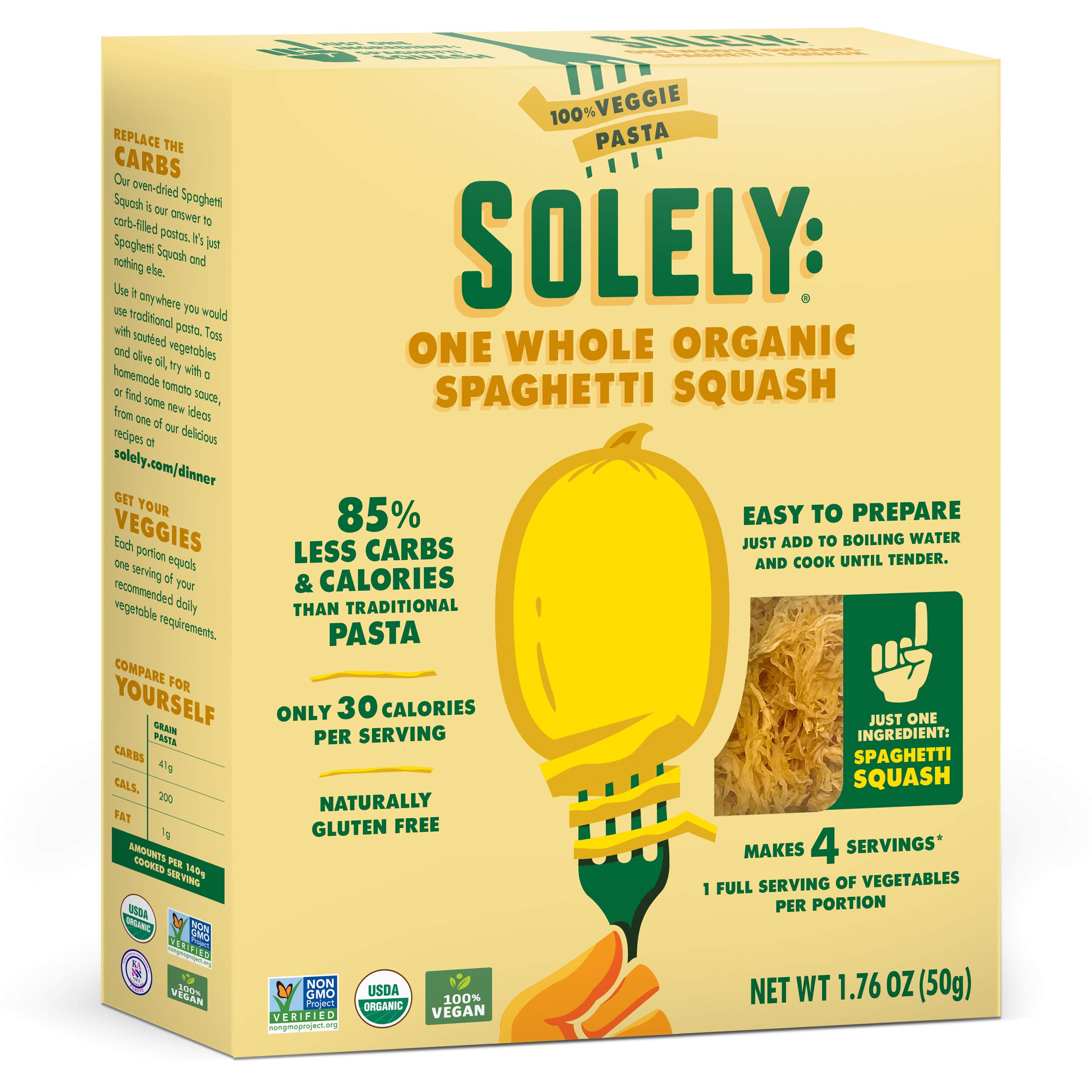 SOLELY Organic Dried Spaghetti Squash, 1.76 oz, Pack of 6 – Real Fresh Ingredients, Organic Pasta, Non-GMO, Vegan, Low Carb & Keto Friendly, Quick & Easy to Prepare, Vegetable Pasta