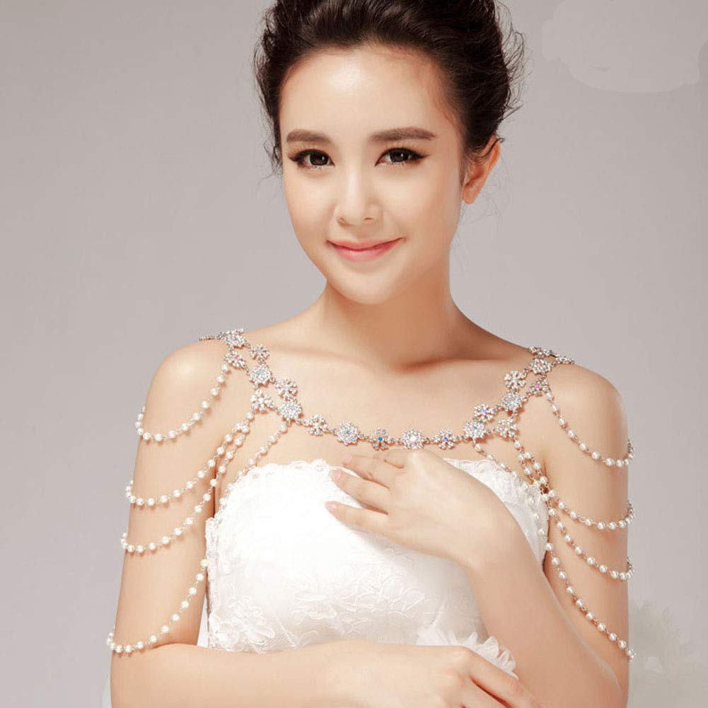 Suoirblss Lady Tassel Shoulder Body Chain Wedding Bridal Imitation Pearl Rhinestone Shoulder Necklace - Wedding Body Statement Jewelry