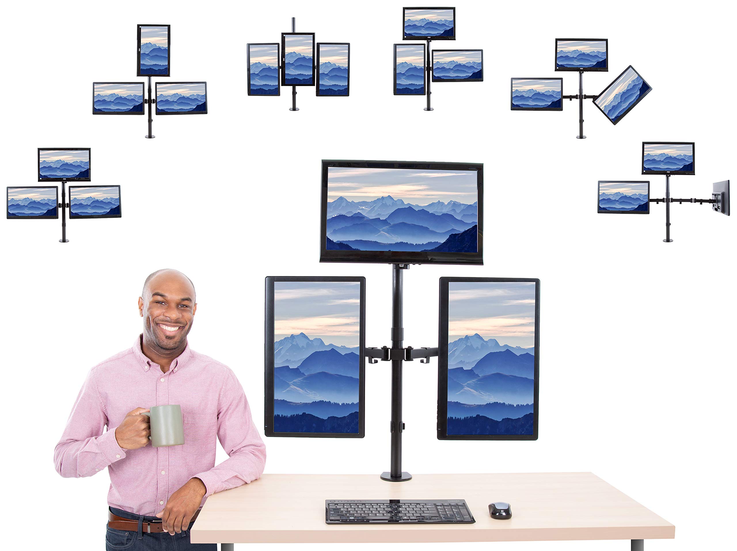 Stand Steady Triple Monitor Desk Stand with Clamp-On Base, for Home or Office Use, Height Adjustable Computer Monitor Stand with Full Articulation VESA Mounts, Fits Most LCD/LED Monitors 13-32 Inches