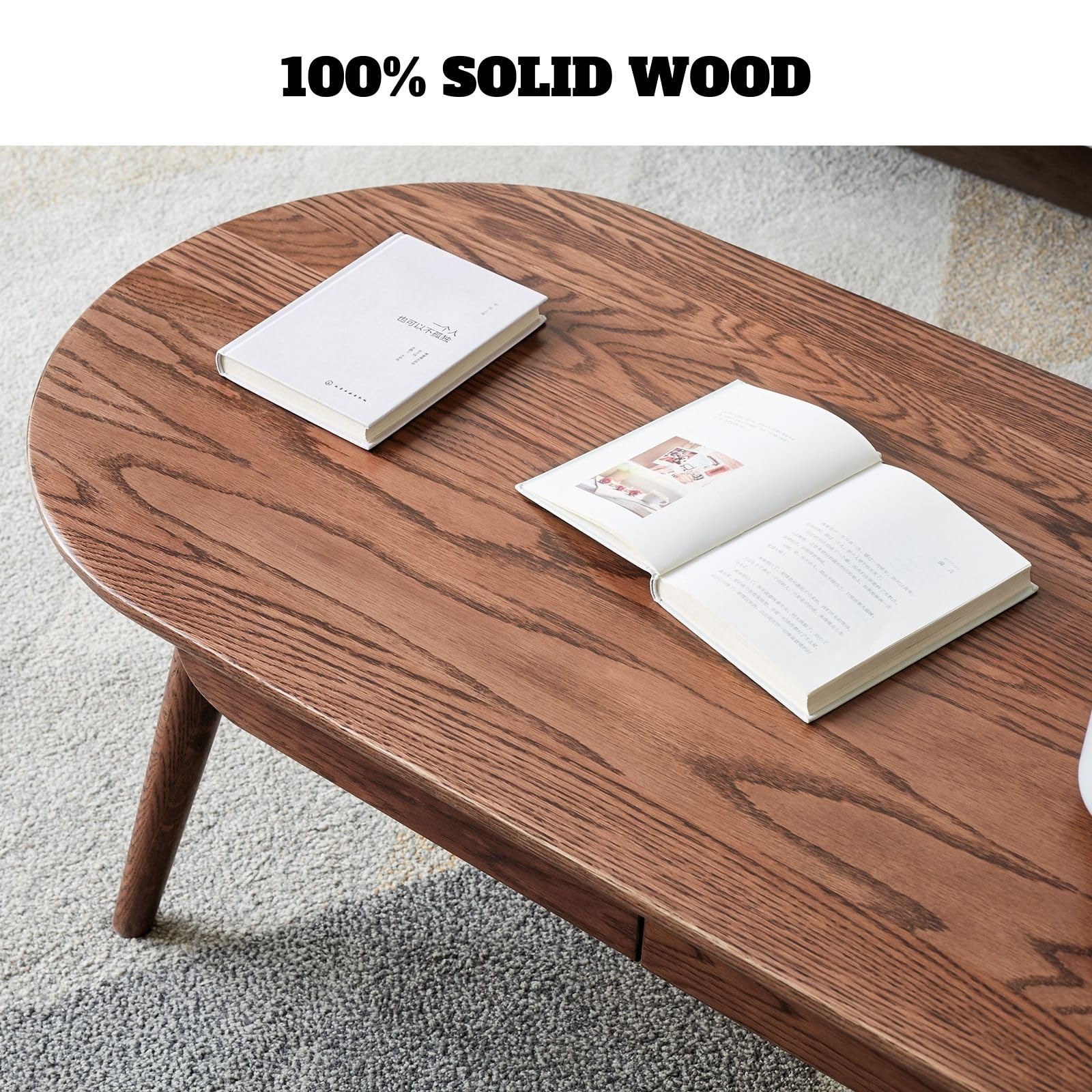 Vadisun Modern 100% FAS Oak Coffee Table - Unique Coffee Table & Space-Saving Wooden Coffee Table Easy Assembly (Walnut color with drawers)