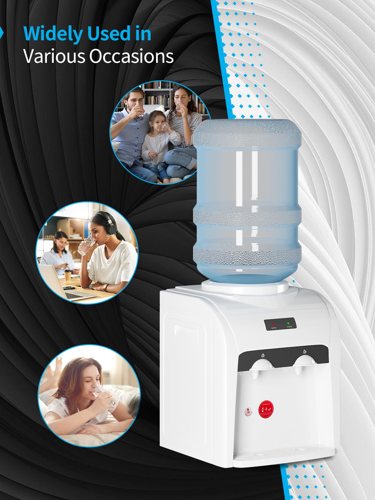 TABU Top Loading Water Cooler Dispenser, Hot & Cold Water, Countertop Water Cooler Dispenser, Holds 3 or 5 Gallon Bottle, with Anti-Scalding Design and Child Safety Lock for Home, Office Use (White)
