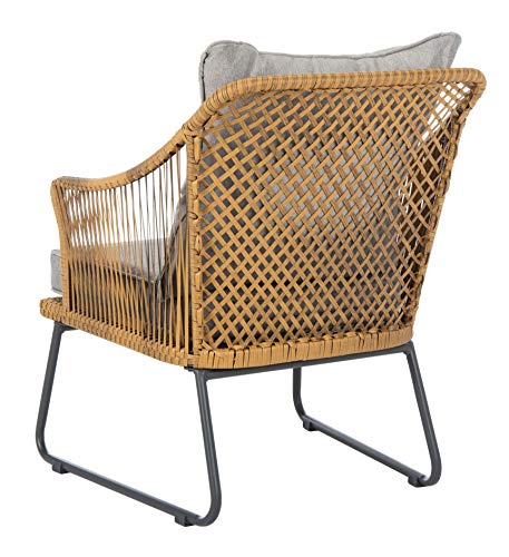 SAFAVIEH Outdoor Collection Jensen Natural Brown Rattan/Grey Seat Cushion 3-Piece Patio Lounge Bistro Set with Table (PAT9008A)