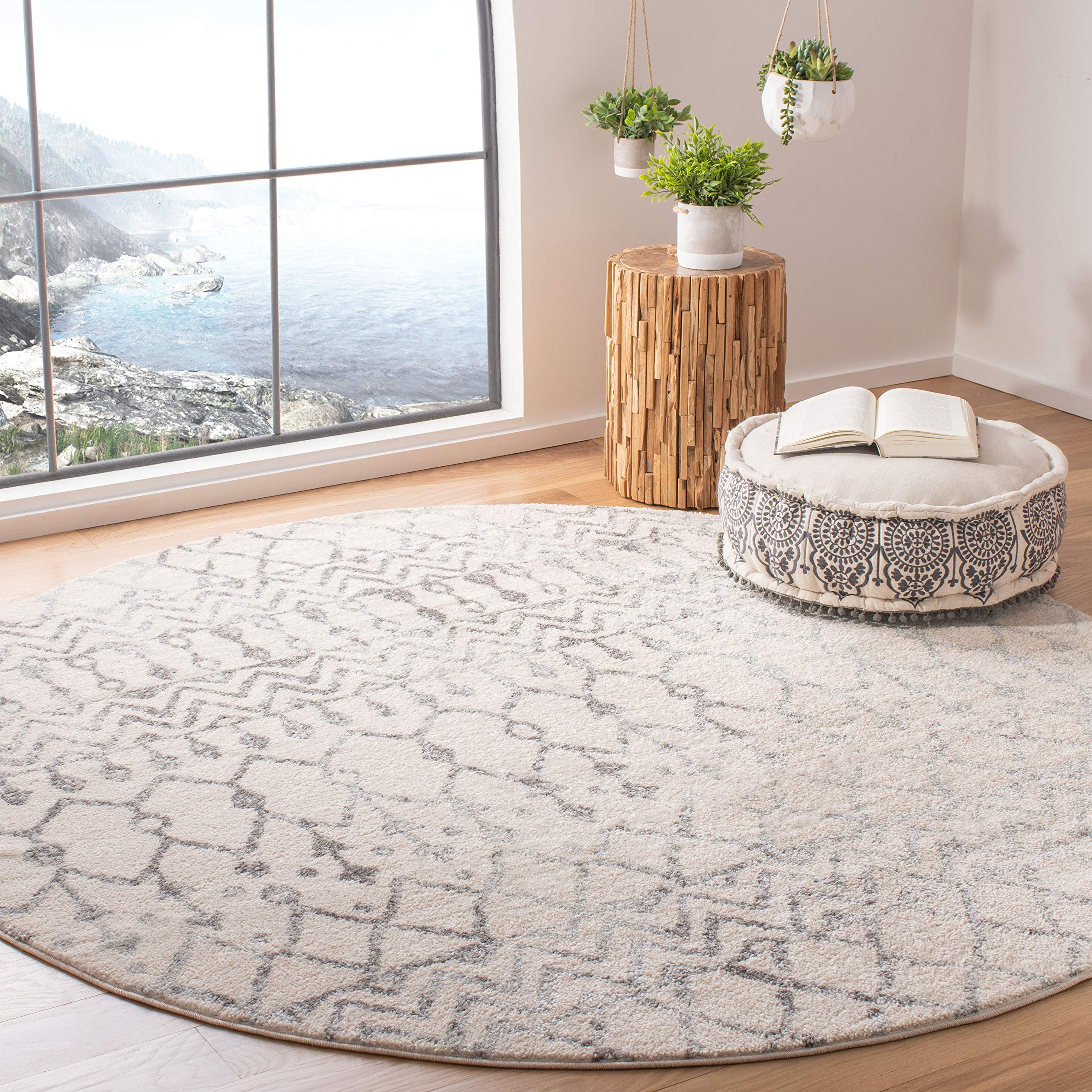 SAFAVIEH Tulum Collection 11' Round Ivory/Grey TUL270A Moroccan Boho Distressed Non-Shedding Dining Room Entryway Foyer Living Room Bedroom Area Rug