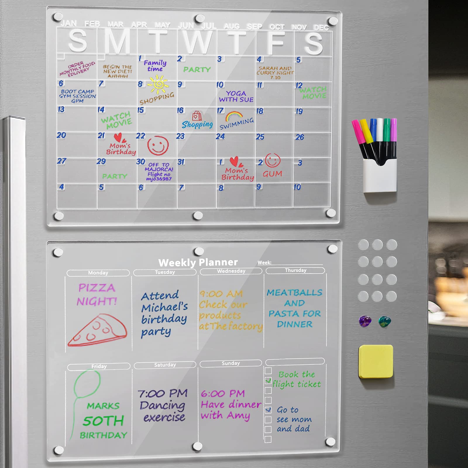 Winblo Magnetic Calendar for Refrigerator, Monthly and Weekly Acrylic Calendar for Fridge, Clear Dry Erase Magnetic Fridge Calendar, Refrigerator Planner, Includes 6 Colors Markers (16" x 12")