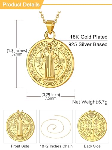 U7 Women Men 18K Gold Plated 925 Sterling Silver 1.5mm Dainty Chain & Coin Saint Benedict Pendant Necklace