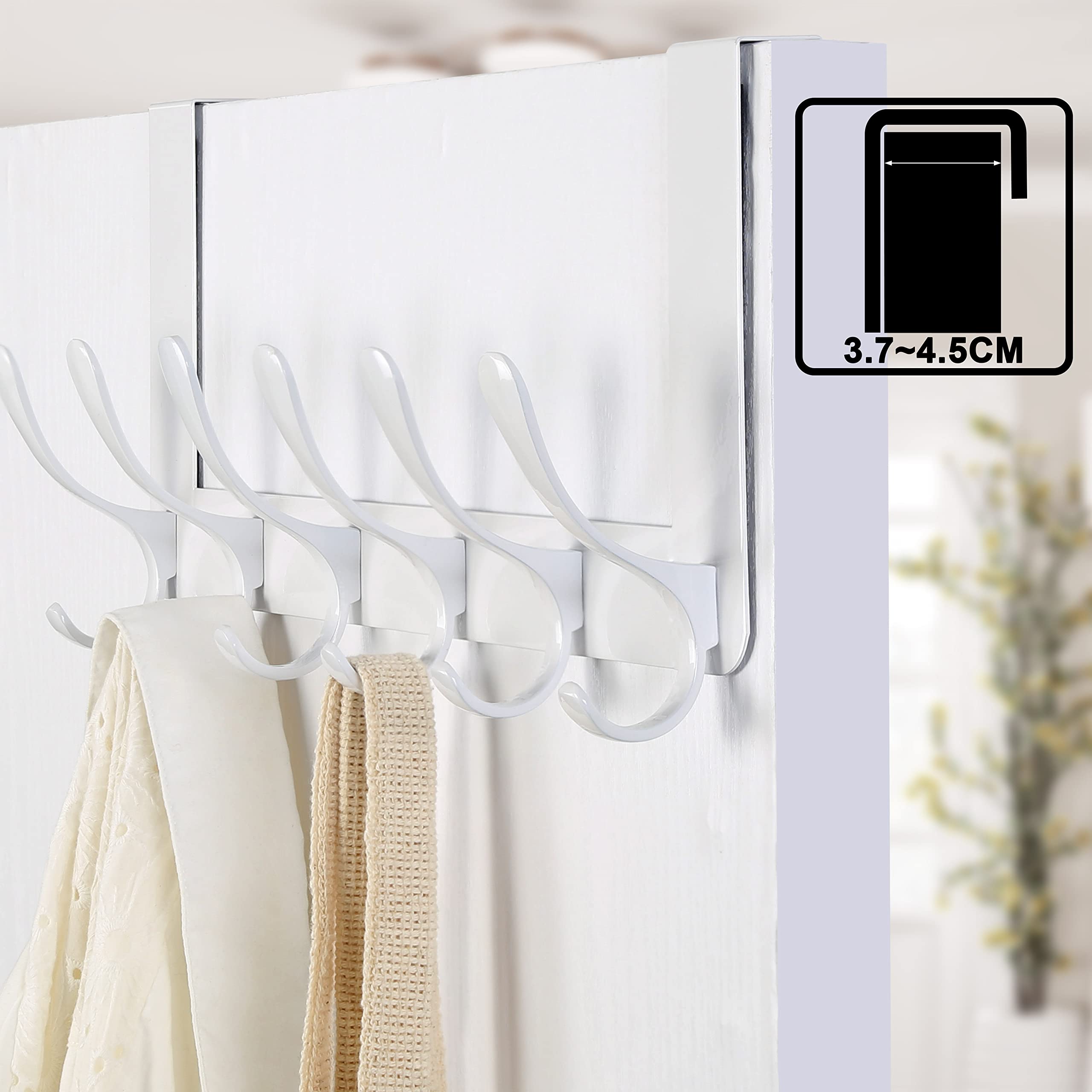 SKOLOO Over The Door Hooks - for doors up to 4.5cm thick, Stainless Steel Door Hanger with 6 Hooks, Over The Door Hanger for Coats Clothes Hat Towel Jacket, White