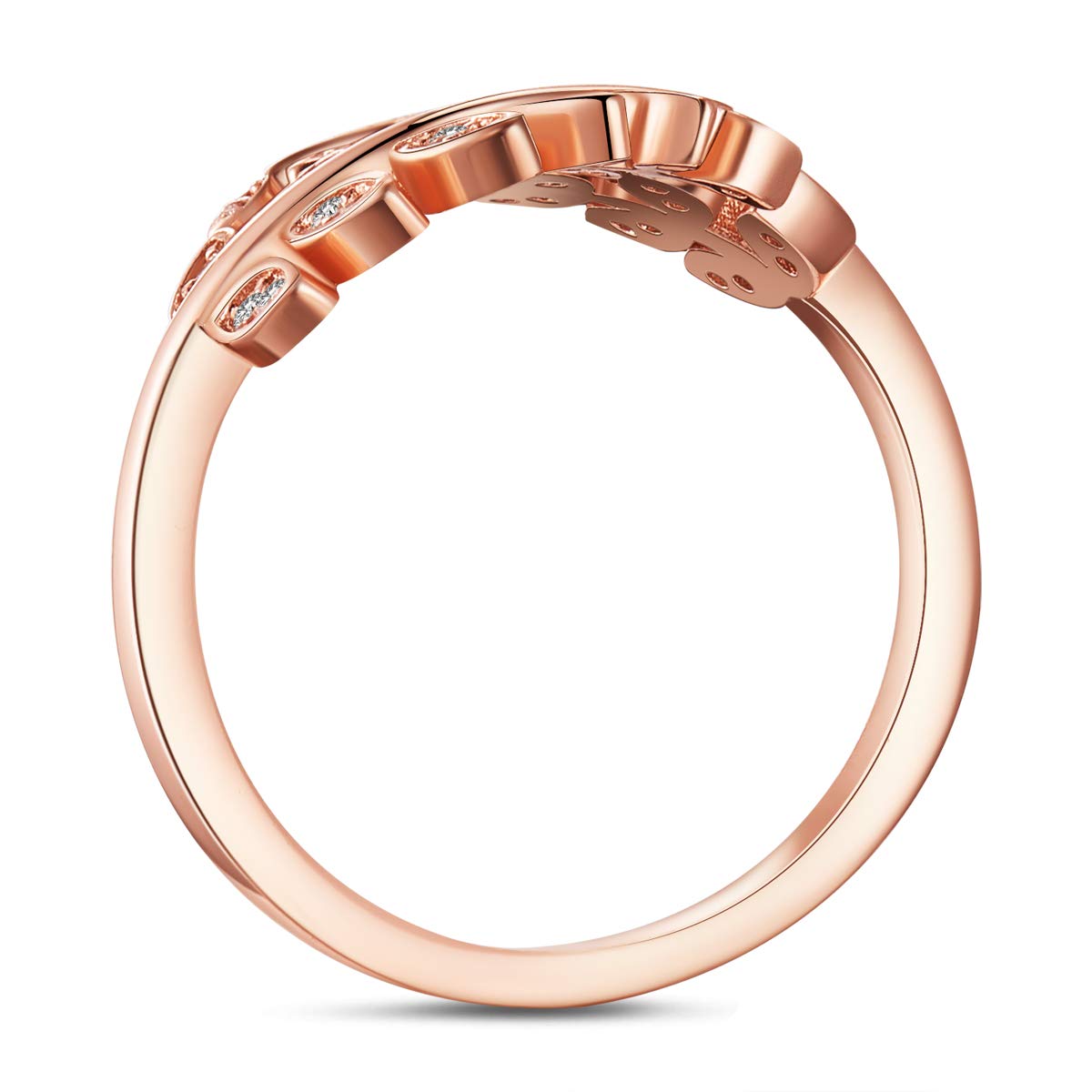TINYSAND Women's 925 Sterling Silver with 18K Rose Gold Plated Wrap Around Olive Leaf Branch Ring, Paved Cubic Zirconia Stone Adjustable Stackable Open Ring