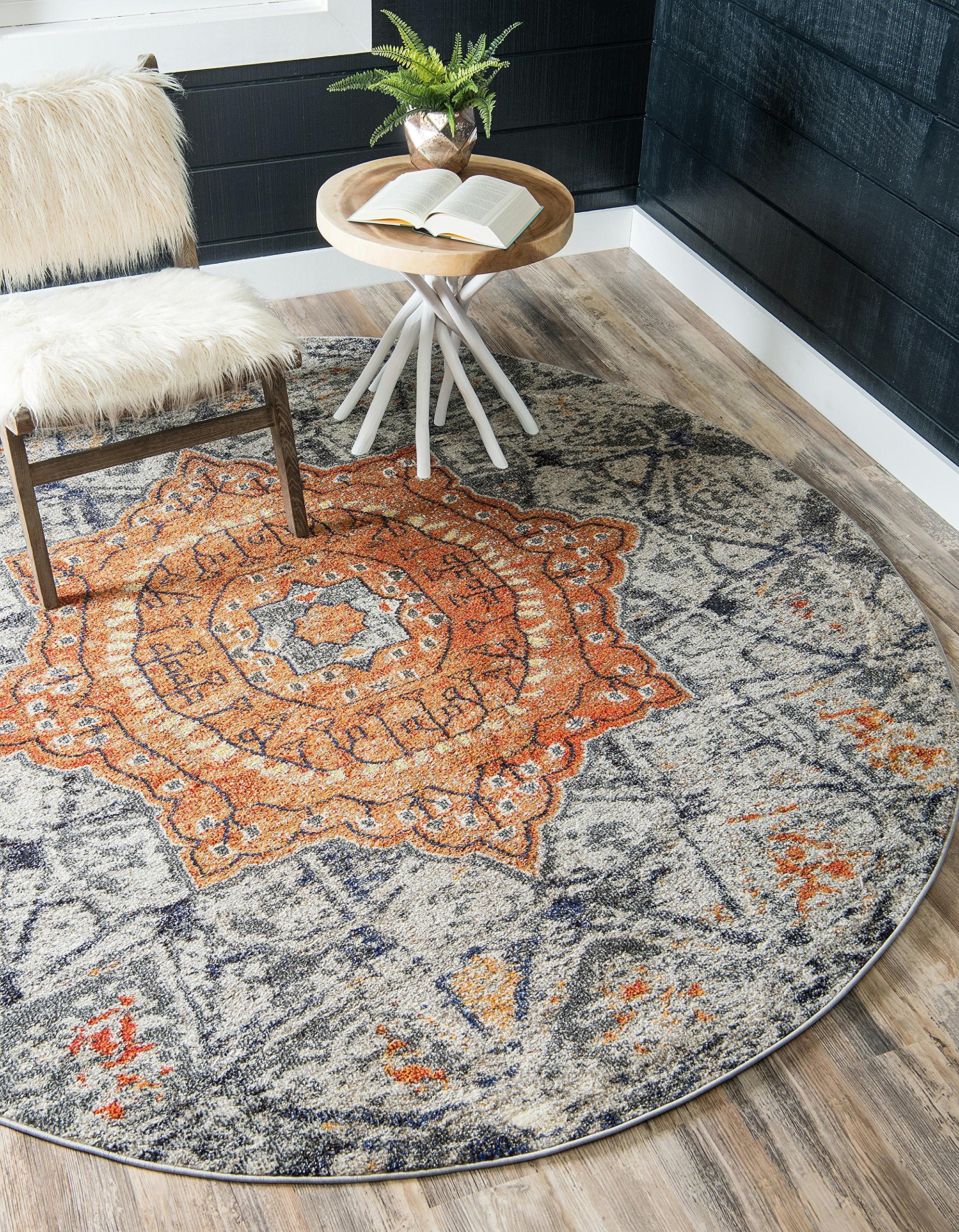 Unique Loom Vita Collection Modern Over-Dyed Center Medallion Vintage Area Rug, 4 ft x 4 ft, Gray/Ivory