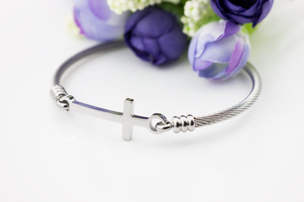 WDSHOW Sideways Cross Bracelet Cuff Bangle Stainless Steel Silver-Tone