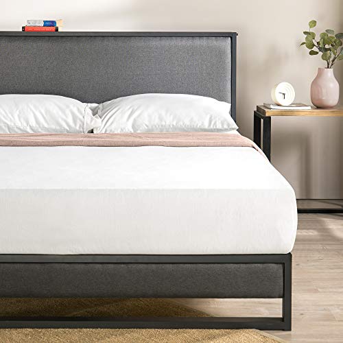 ZINUS Christina Upholstered Platform Bed Frame with Black Headboard Shelf / No Box Spring Needed / Wood Slat Support / Easy Assembly, Queen