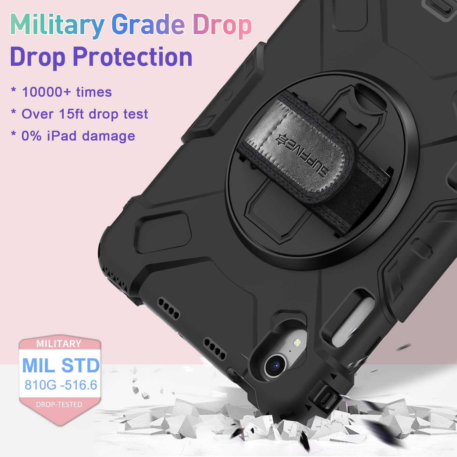 SUPFIVES Case for iPad Mini 6 2021: iPad Mini 6th Generation Case 8.3 Inch Military Grade Shockproof Protector Silicone Cover with Pencil Holder - Kickstand - Handle - Shoulder Strap - Black