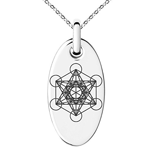 Tioneer Stainless Steel Metatron’s Cube Symbol Small Oval Charm Pendant Necklace