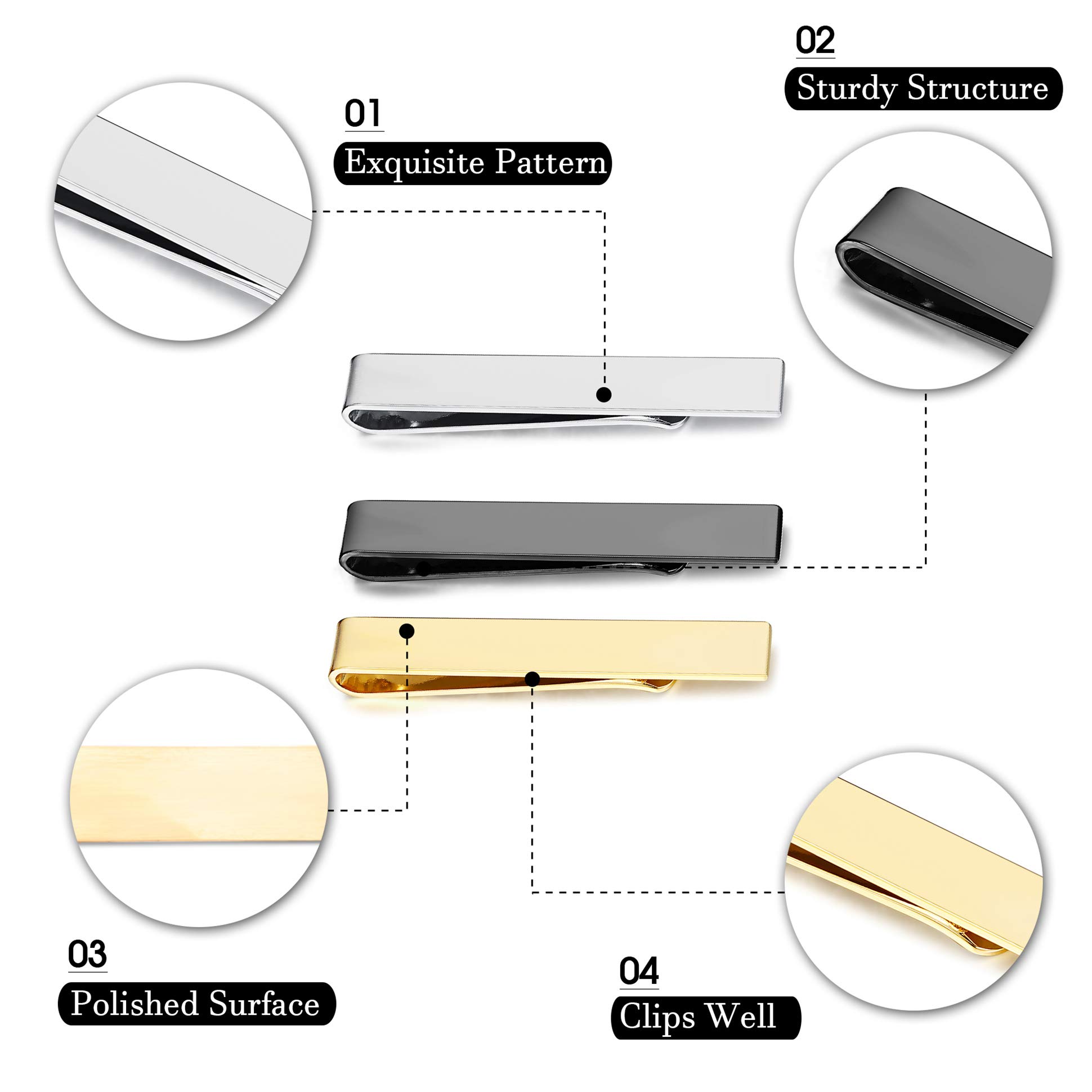 YADOCA 3 Pcs Tie Clips for Men Tie Bar Set Necktie Clips Without Stripe for Wedding Anniversary Business Black Silver-Tone Gold-Tone